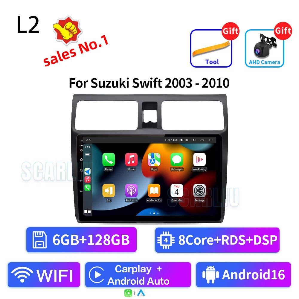 2din Android 16 Автомобильный радиоприемник для Suzuki Swift 2003-2006 2007 2008 2009 2010 Мультимедийный плеер Carplay Стерео GPS DVD Головное устройство L2 (6GB 128GB)