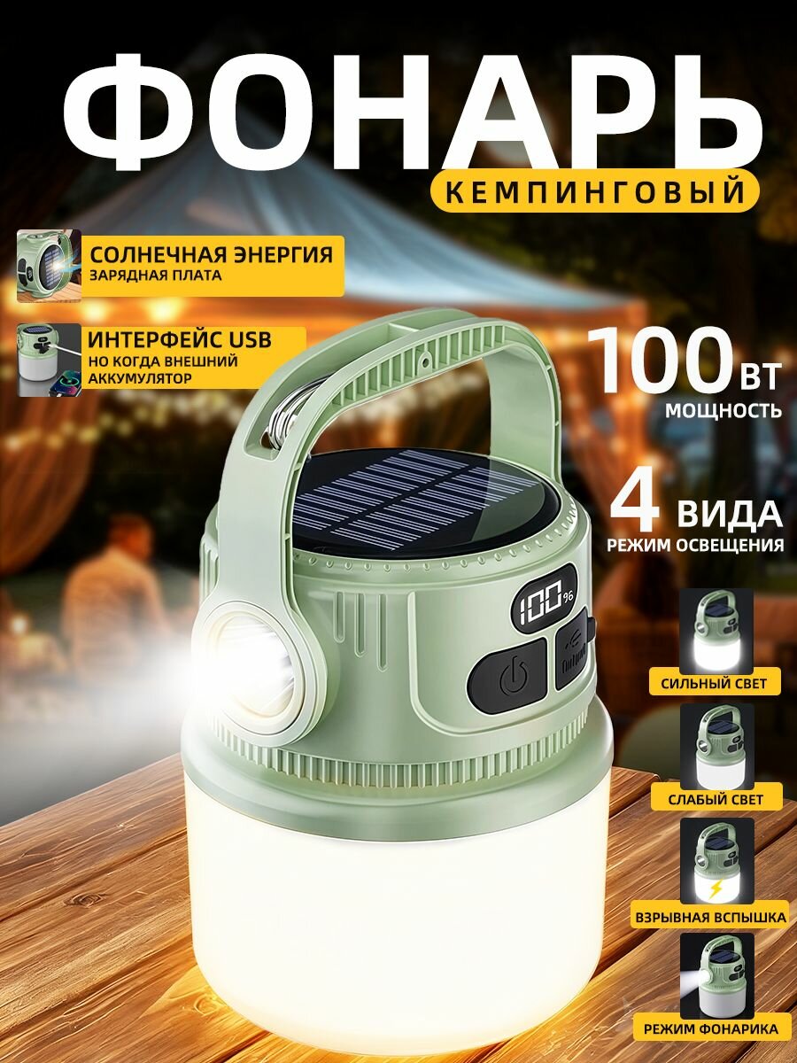 Фонарь кемпинговый с солнечной зарядкой с фонарем и пауэрбанком аккумуляторный, светодиодный, уличный на солнечной батарее, подвесной в палатку)
