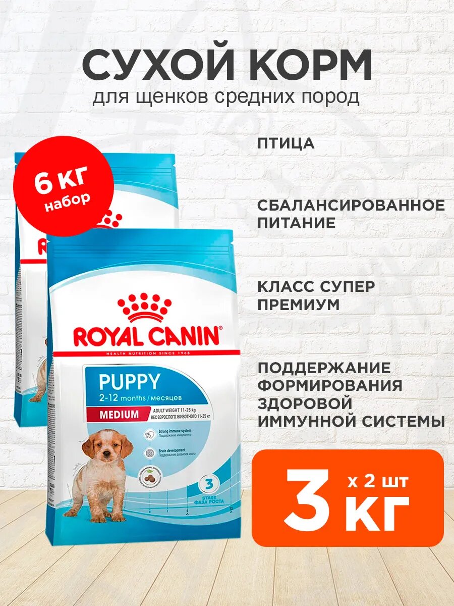 Корм сухой Royal Canin Medium Puppy для щенков средних пород, 3 кг х 2 шт