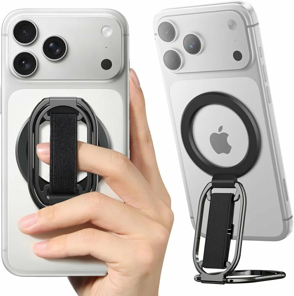 4-в-1 сотовый телефон кольцо стенд Кронштейн ремешок для MAG Safe iPhone 17/16/15/14/13/12 серии, черный