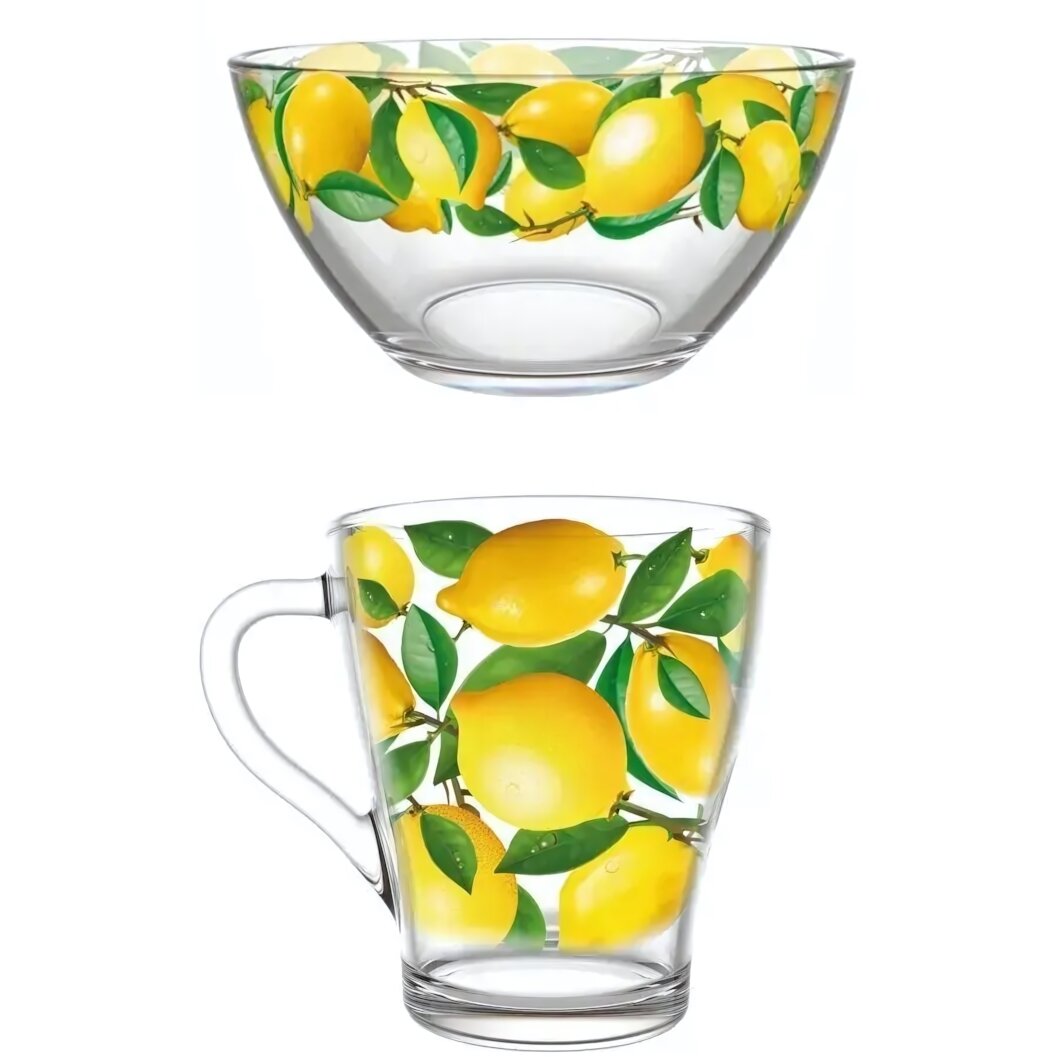 Набор посуды 'Ланч Лимоны', стекло, кружка 250мл + салатник 250мл