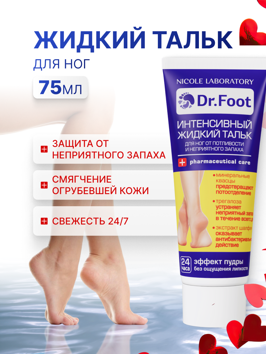 Интенсивный жидкий тальк для ног от потливости и неприятного запаха Dr.Foot, 75 мл