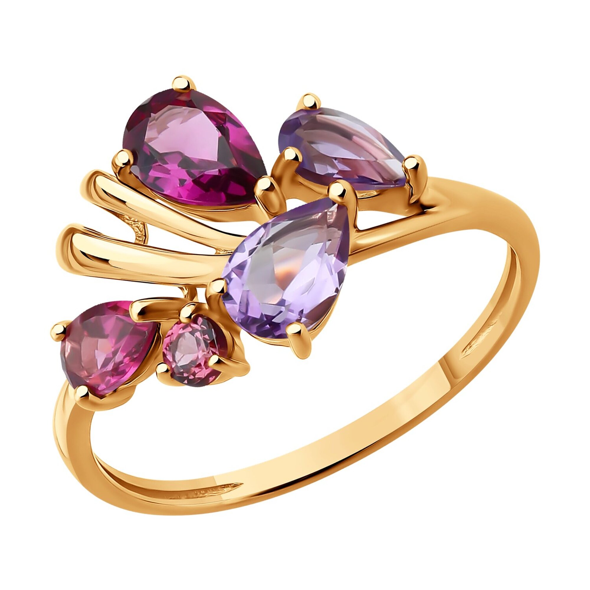 Кольцо, красное золото, 585 проба, родолит, аметист