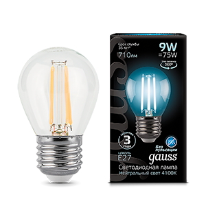Лампа светодиодная Gauss Black Filament Шар 9W, 710lm, 4100K, E27