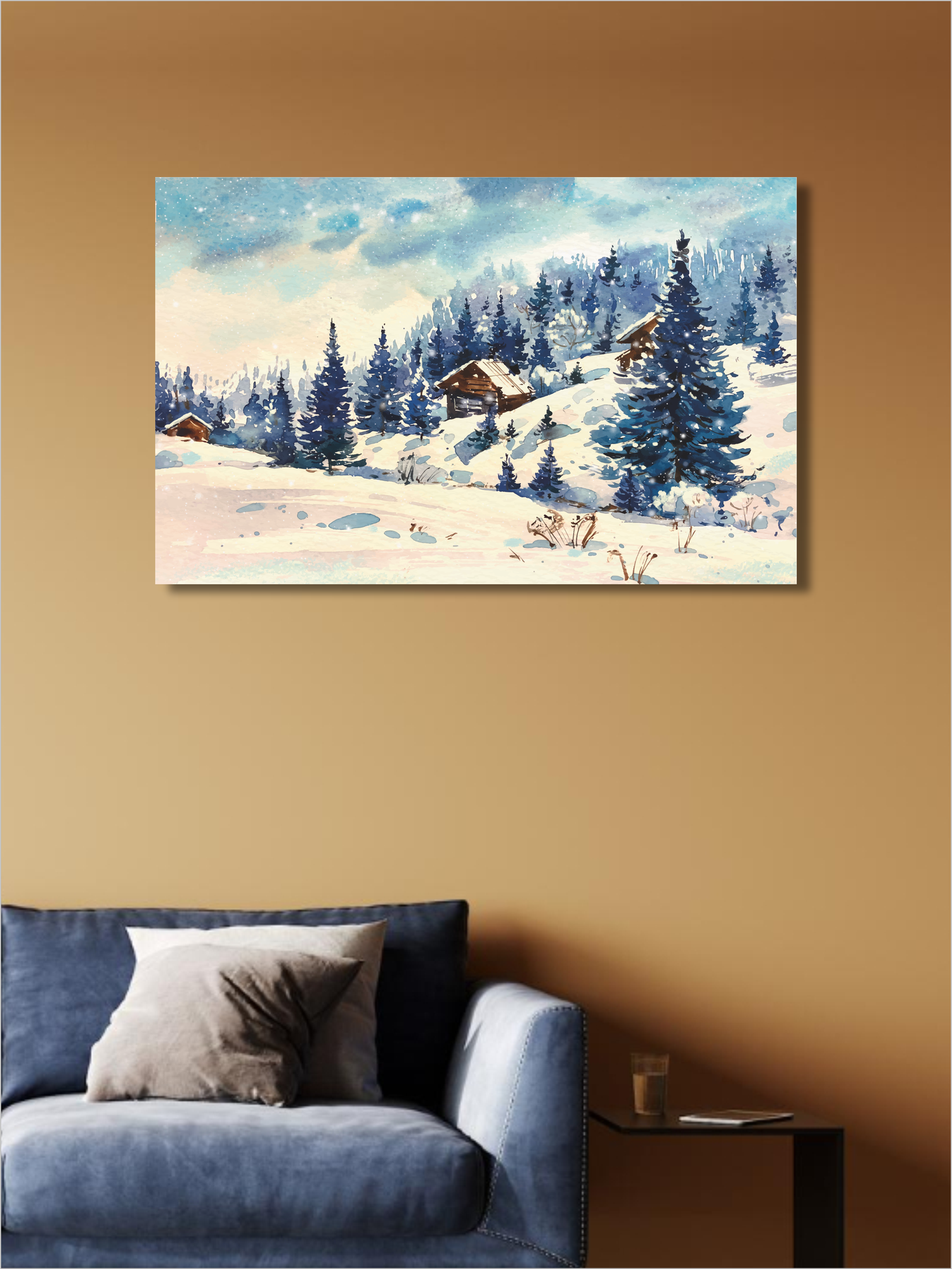 Картина для интерьера на стену пейзаж. Домики в снежных горах 50х70 см холст на подрамнике