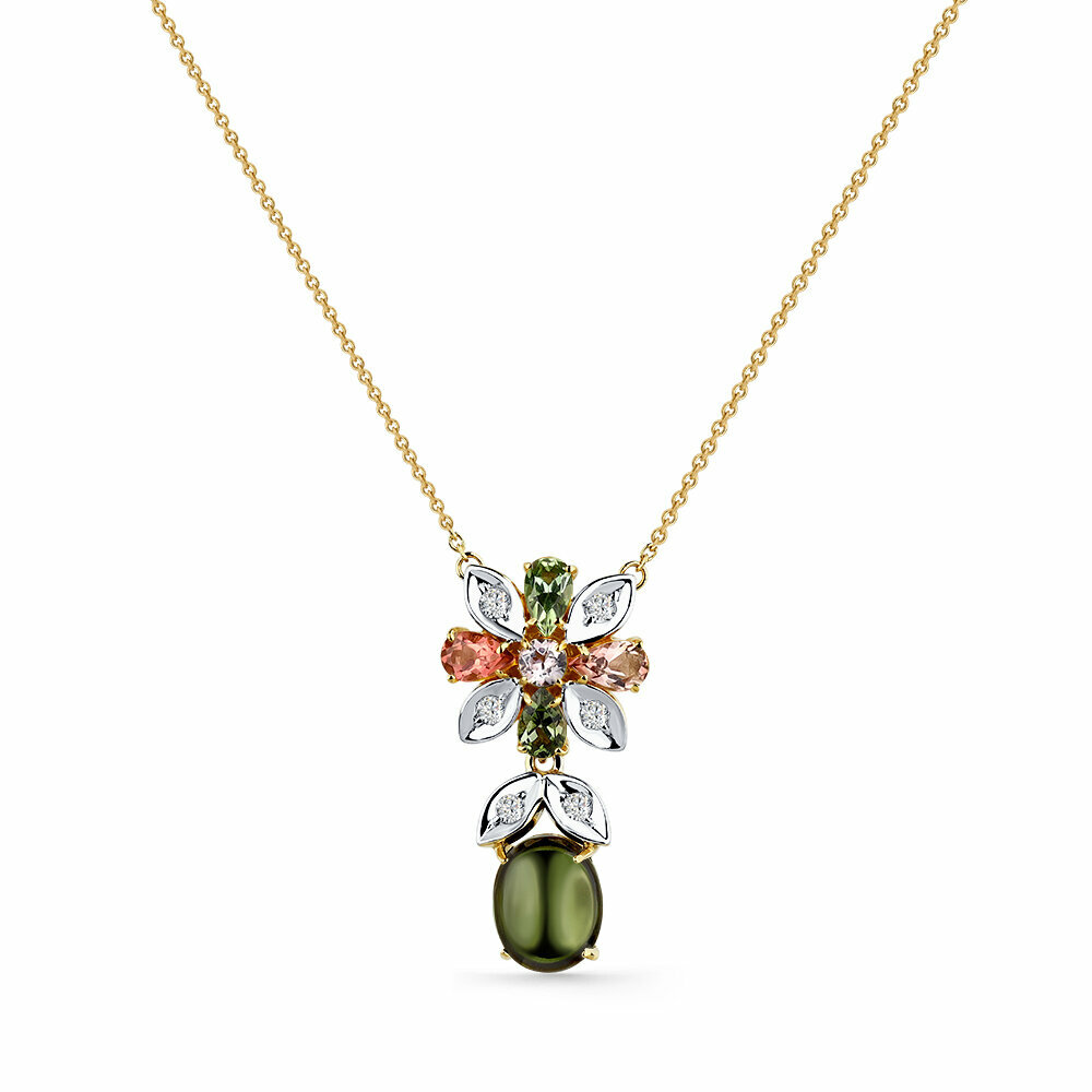 Колье, желтое золото, 585 проба, бриллиант, турмалин