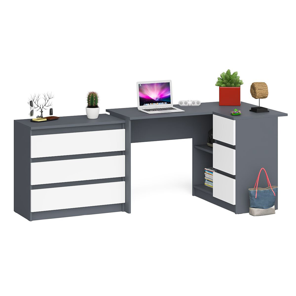 Угловой компьютерный стол для дома 205см графит/белый Спасибо-Мебель
