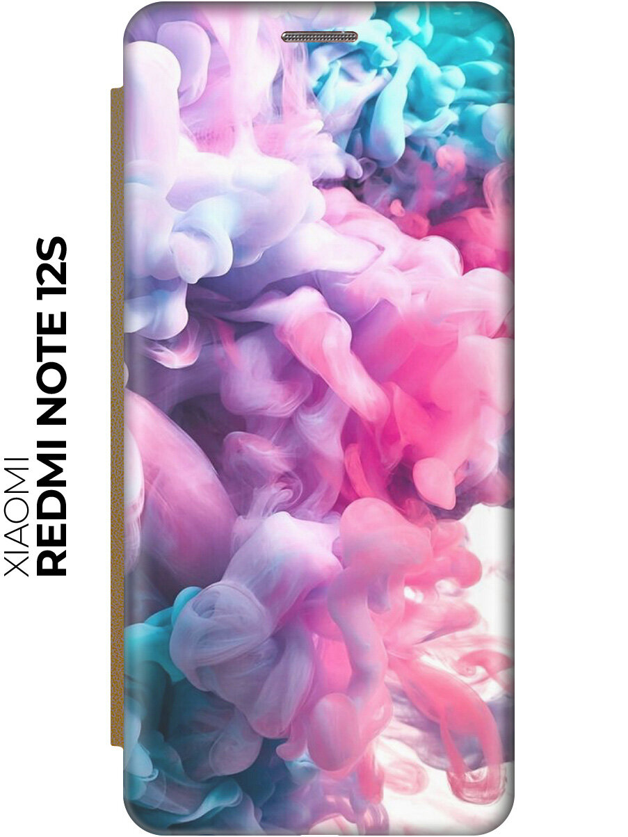 Чехол-книжка на Xiaomi Redmi Note 12s / Сяоми Редми Ноут 12с с рисунком "Розово-голубой дым" золотистый