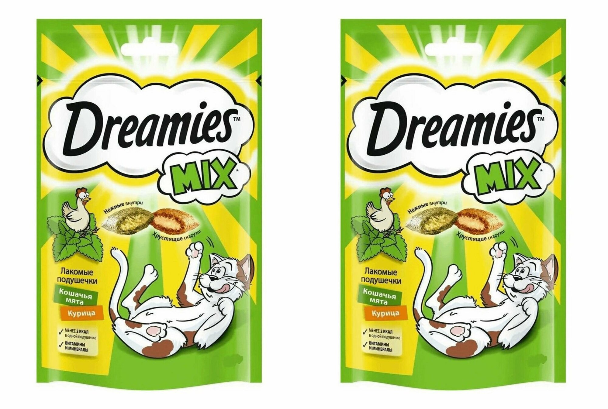 Dreamies Лакомство для кошек Лакомые подушечки Микс с Курицей и мятой, 140 г, 2 уп