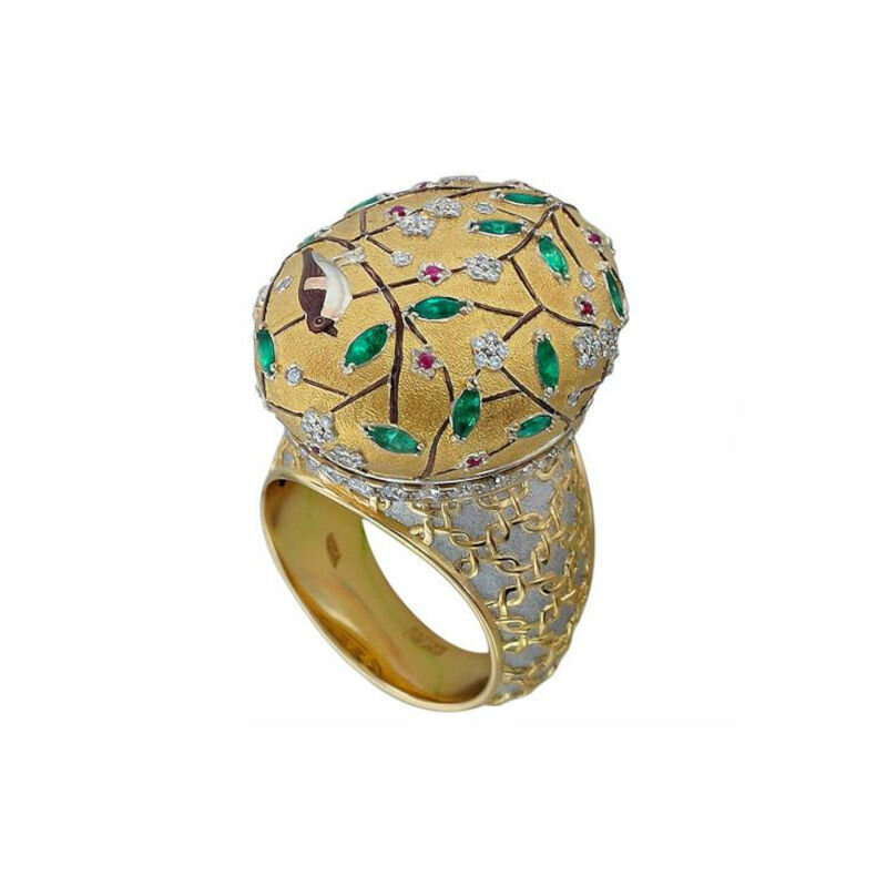 Кольцо, комбинированное золото, 750 проба, изумруд, рубин, бриллиант