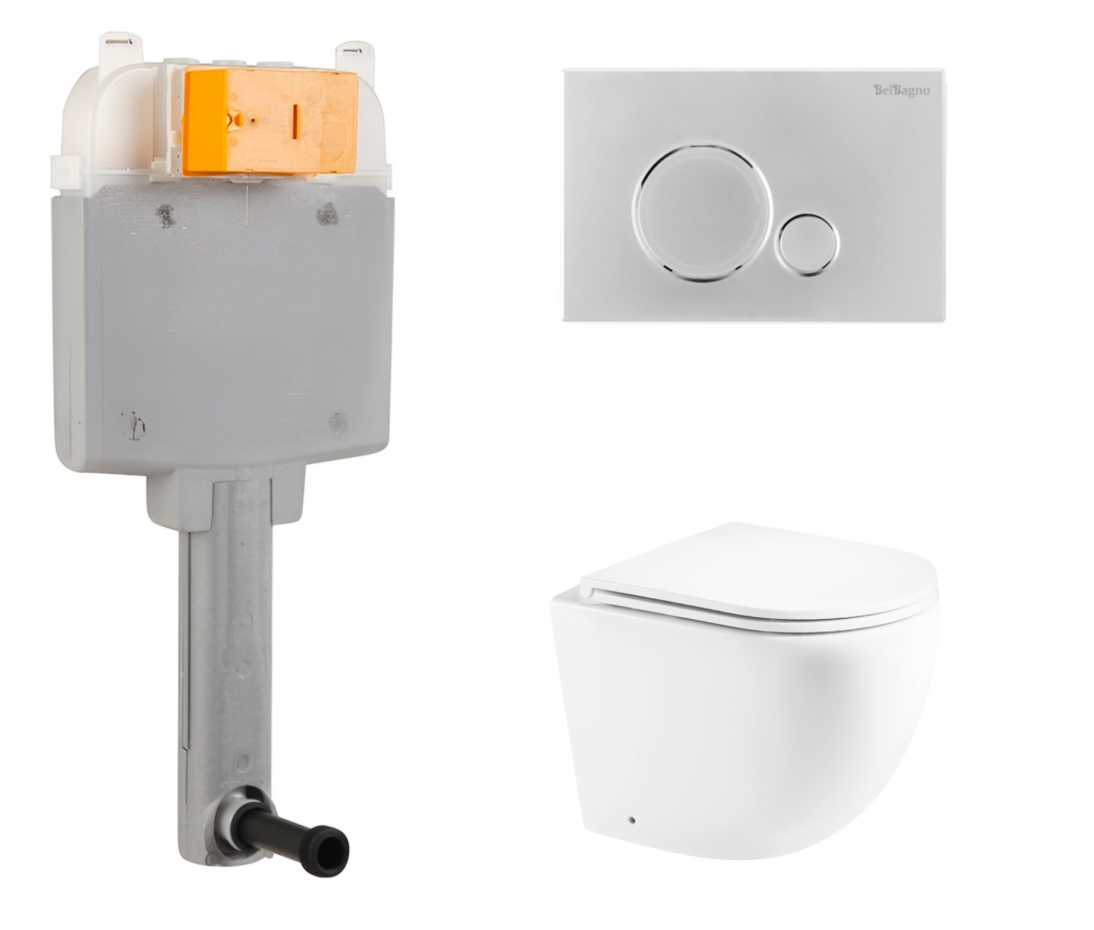 Комплект 3 в 1 смывной бачок скрытого монтажа BelBagno BB025-CS + Унитаз приставной Enio Unico с кнопкой хром Sfera BB025-CS + EN5104885 + BB015-SR-CHROME