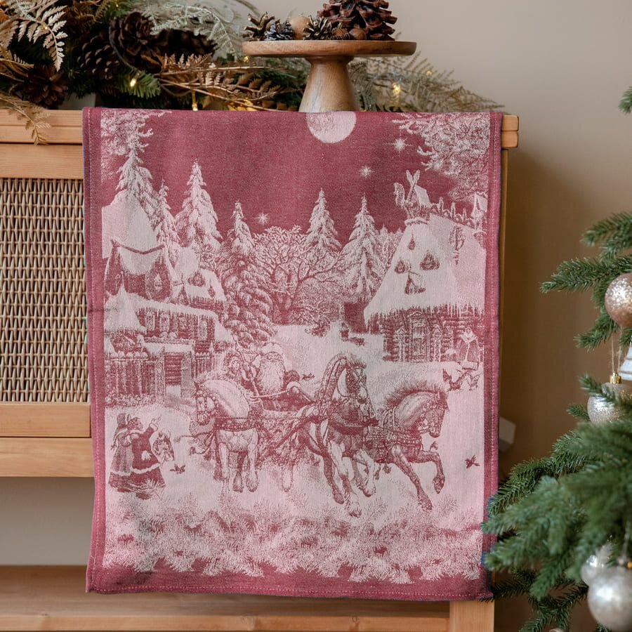 Полотенце кухонное Русская зима бордо, новогоднее полотенце 50х70 см