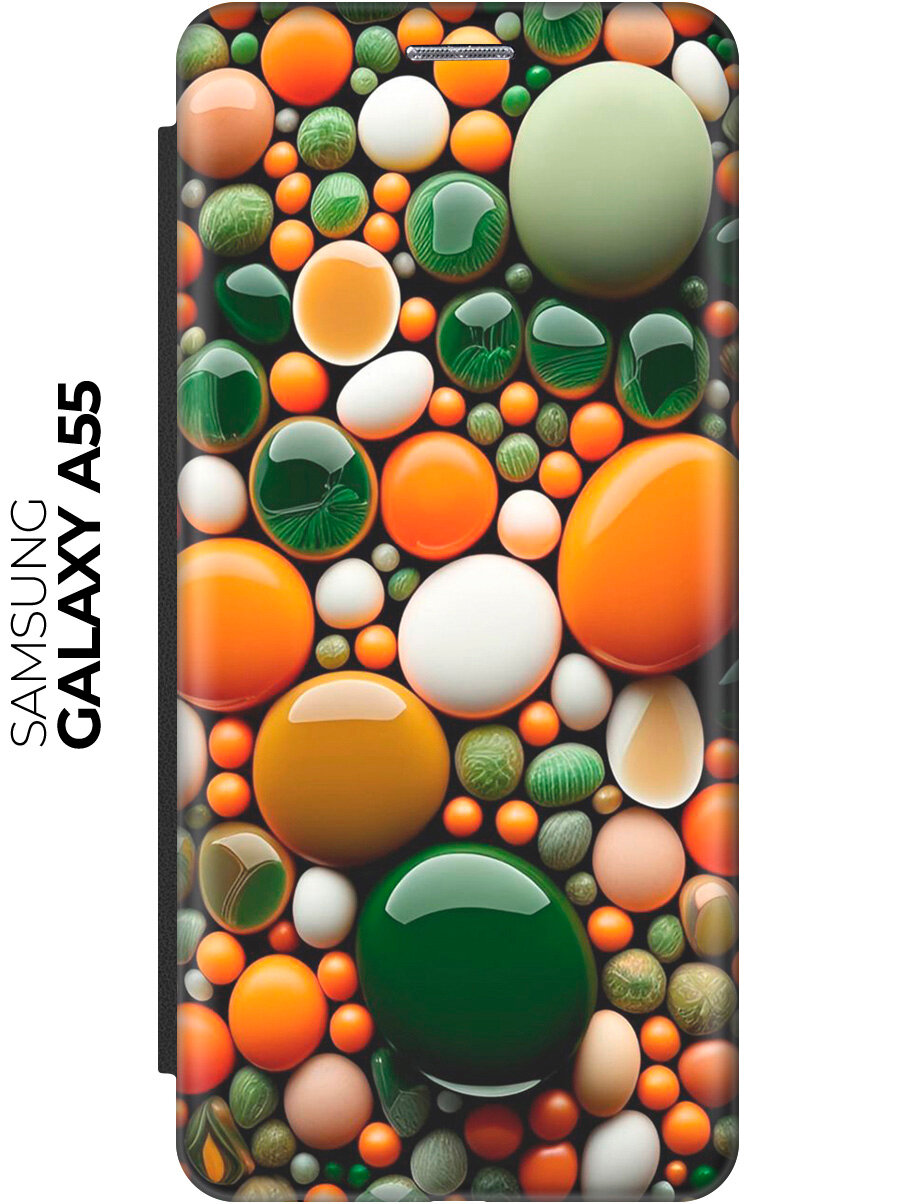 Чехол-книжка на Samsung Galaxy A55 / Самсунг А55 с рисунком "Оранжевые и зеленые камушки" черный