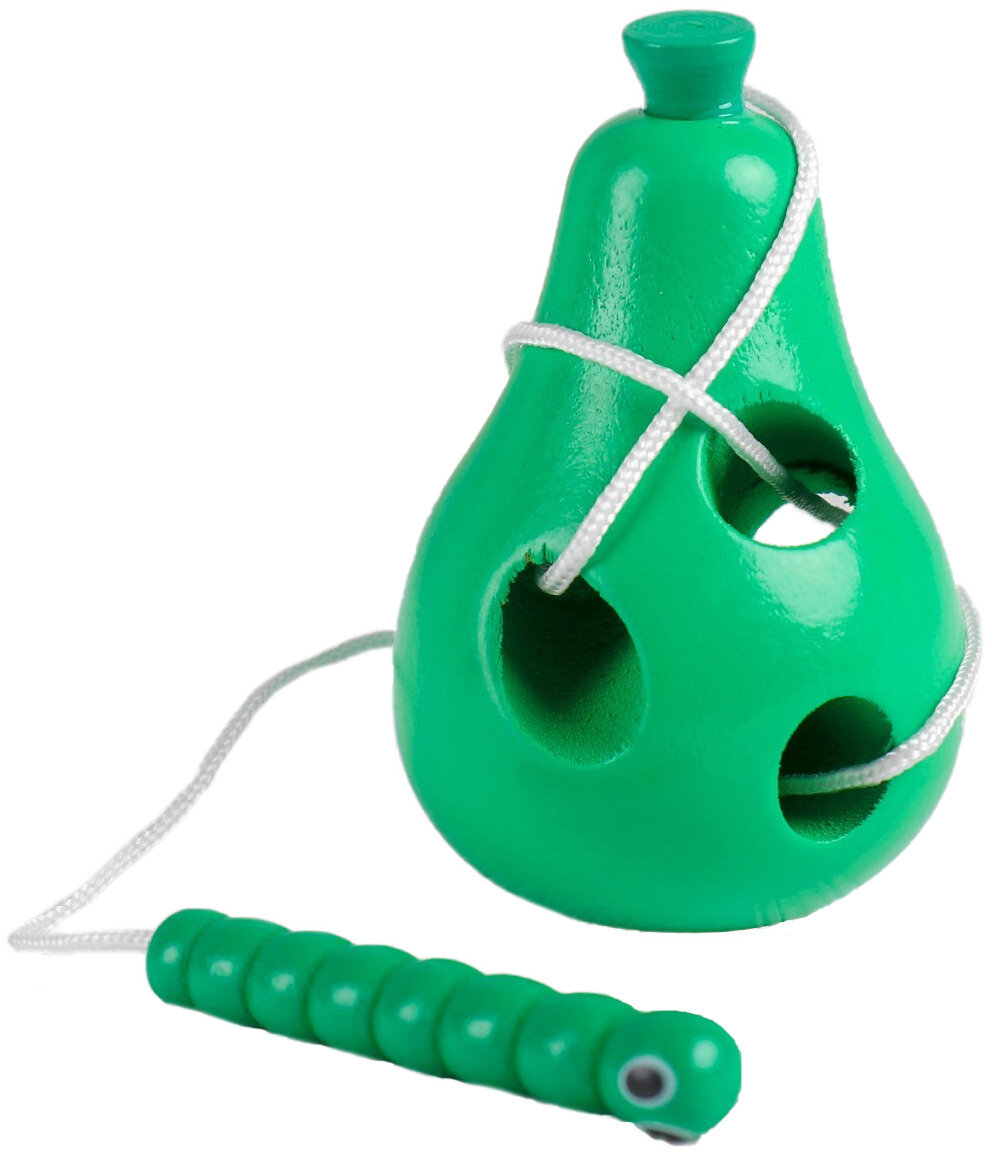 Развивающая игра шнуровка "Груша с червячком", развитие мелкой моторики рук и координации движений, игровой набор из деревянных элементов, дидактическая игрушка для малышей по методике Монтессори