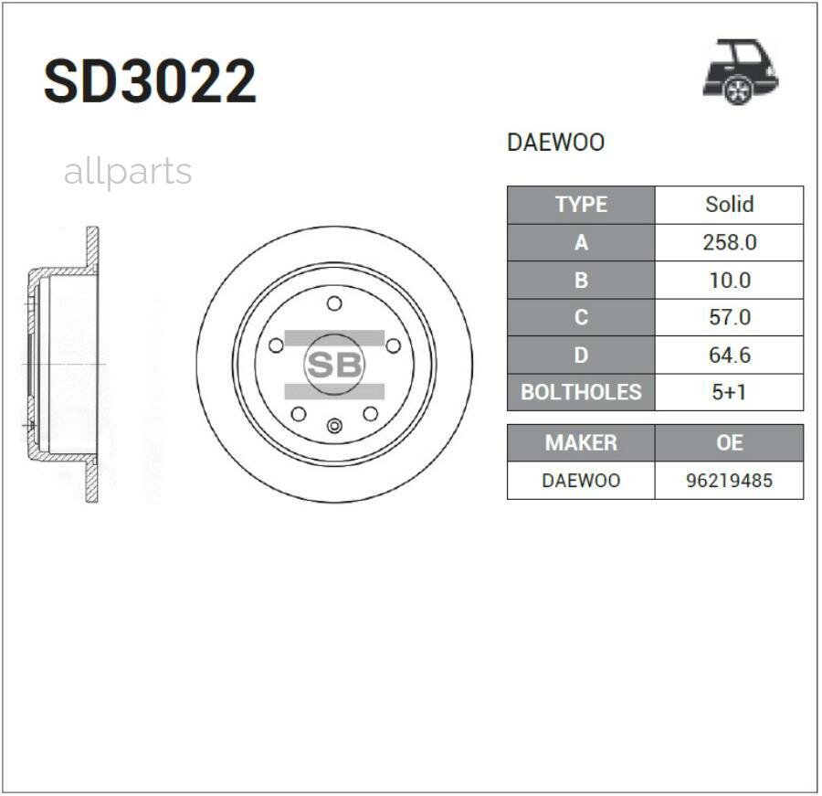 SANGSIN BRAKE SD3022 Диск тормозной задний SANGSIN BRAKE SD3022