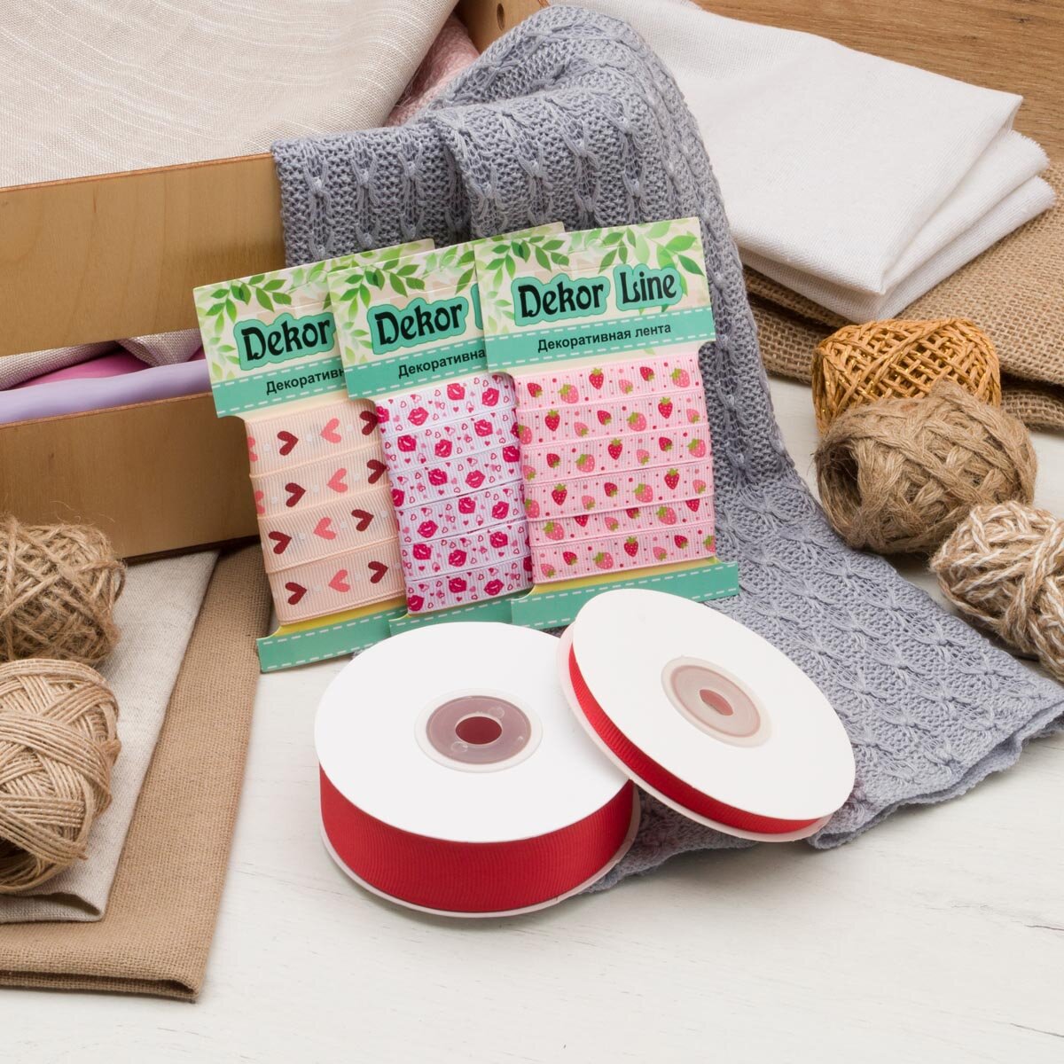 Лента репсовая, декоративная, упаковочная, набор 5 штук (2 по 18 м, 3 по 3 м), цвет красный