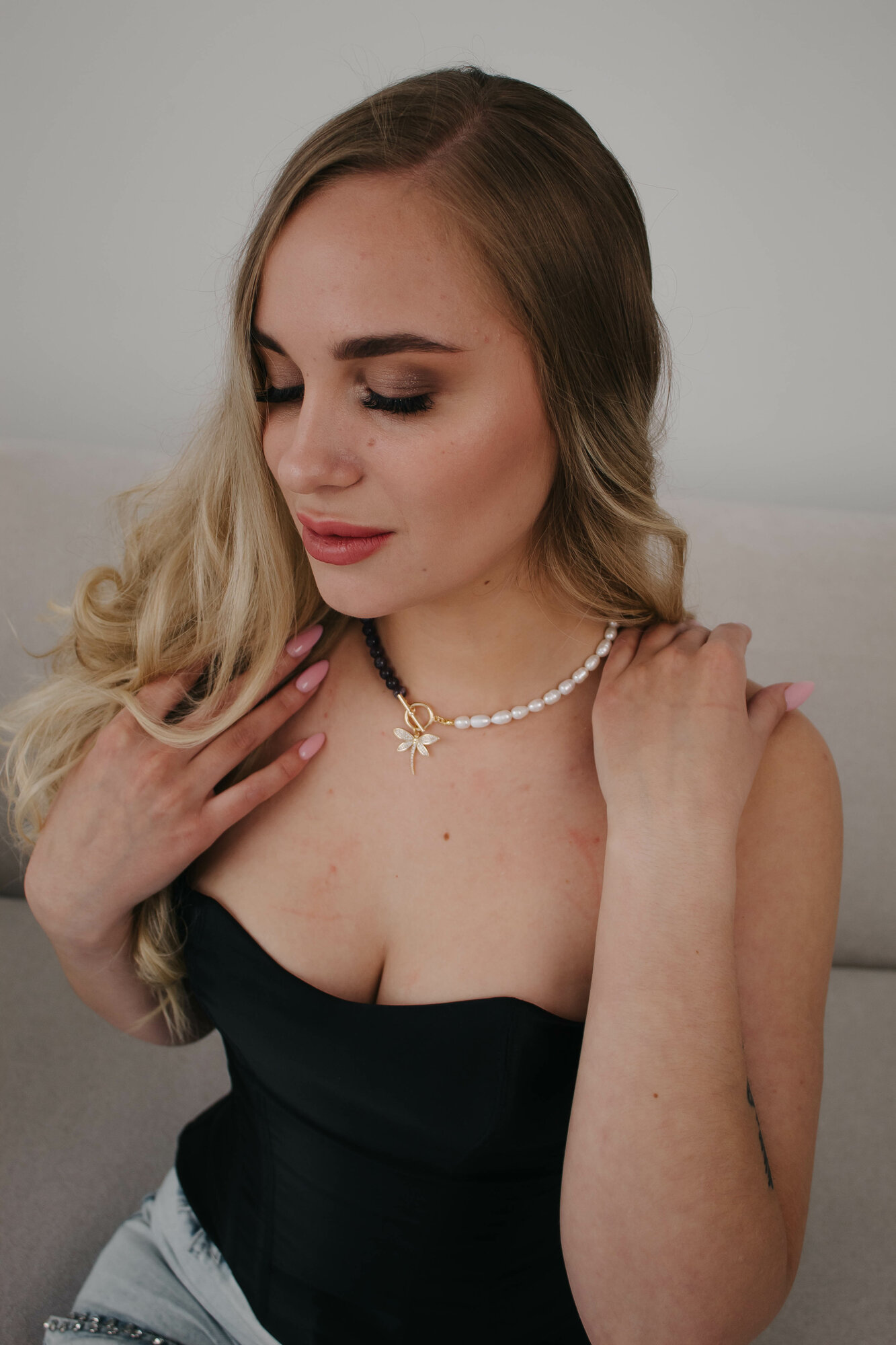 Комплект бижутерии: браслет, колье, фианит, аметист