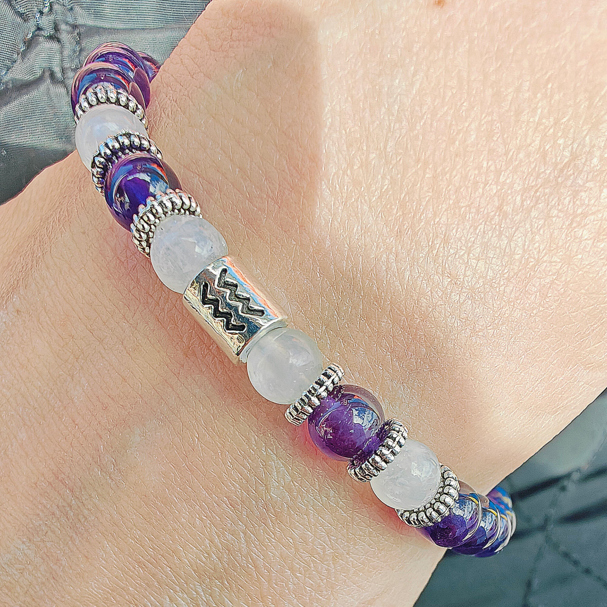 Плетеный браслет, лунный камень, аметист