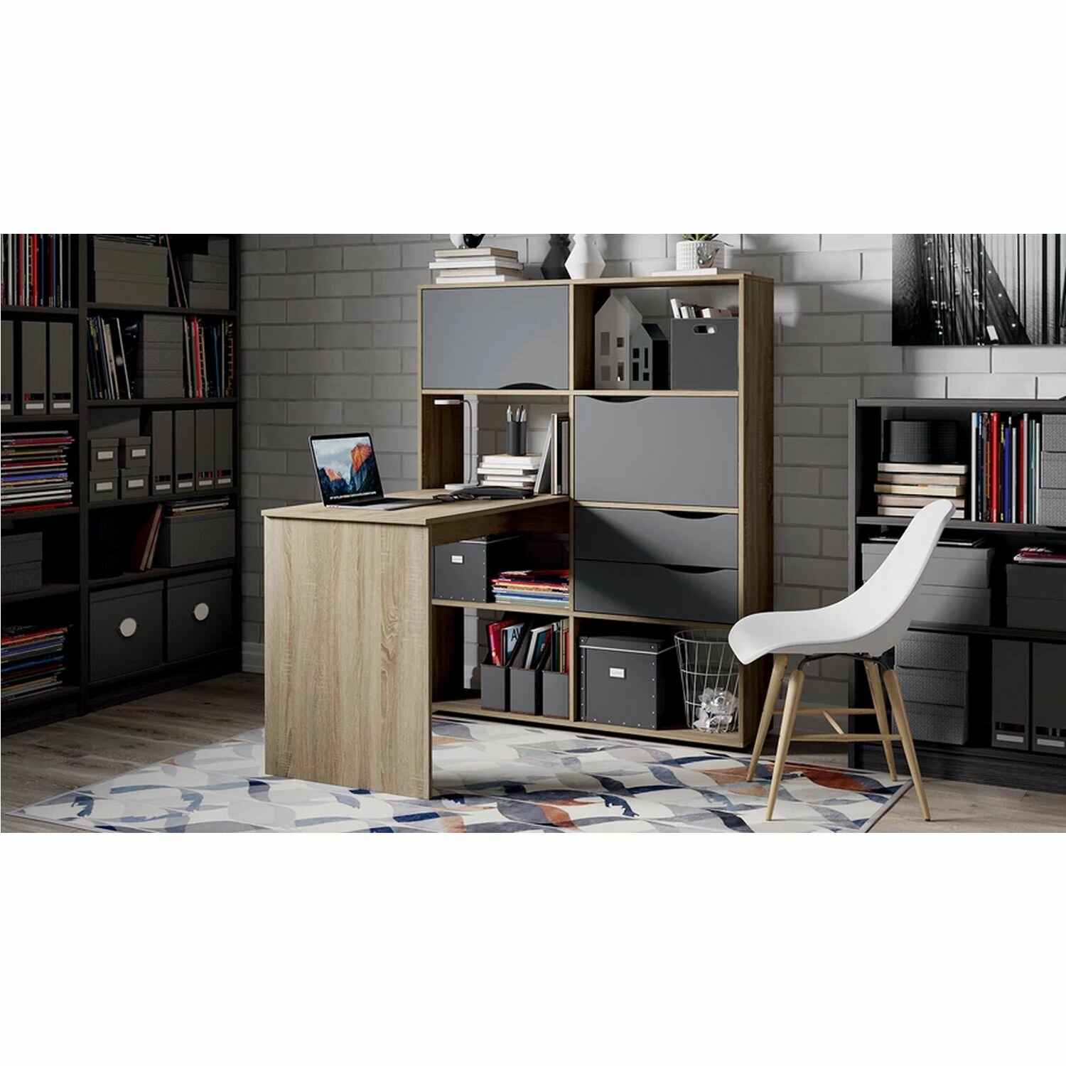 Стол письменный угловой с ящиками Дуб Сонома/Графит Серый, Тип 7, 114,8х110х143,2 см