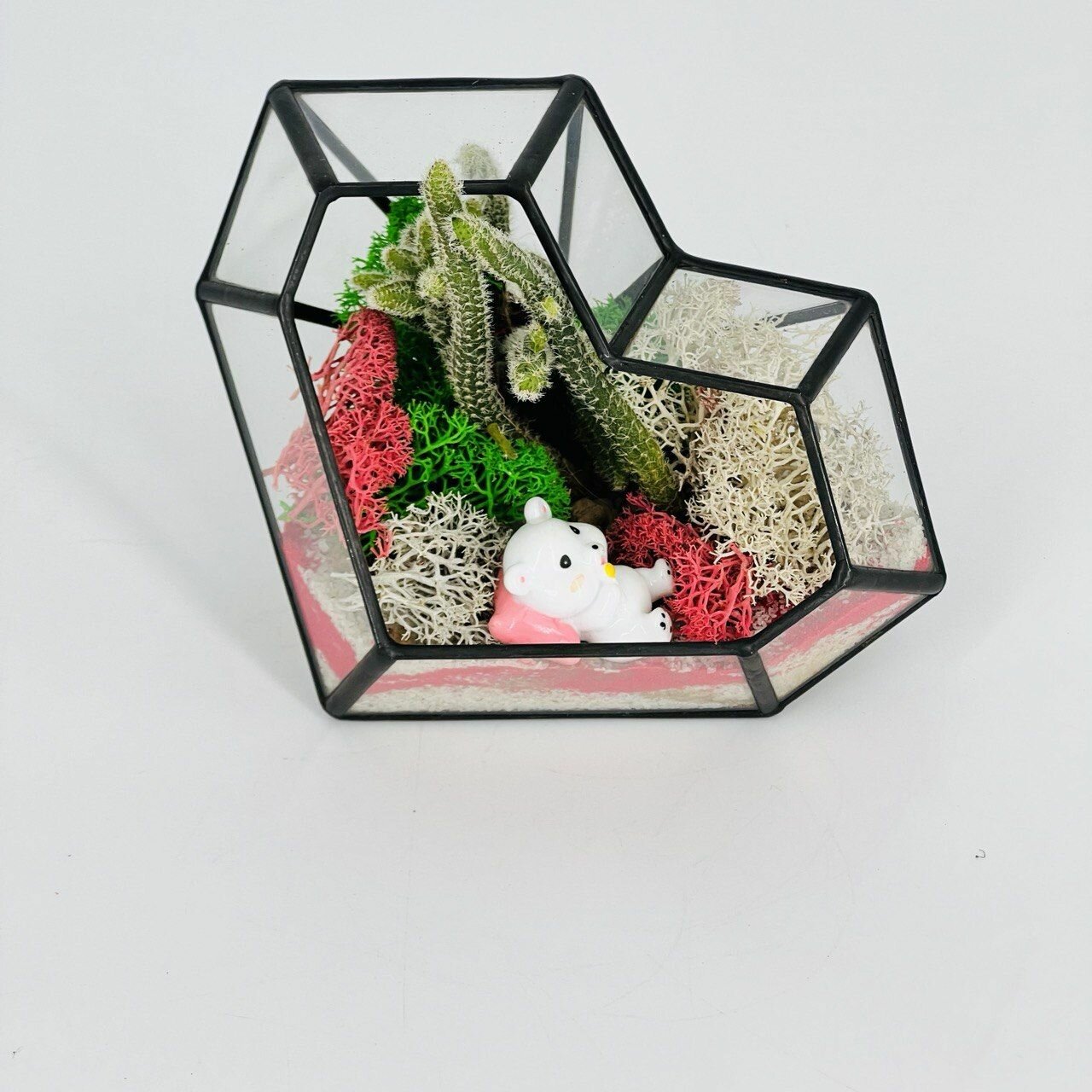 Флорариум сердце-бриллиант с кактусом и медвежонком