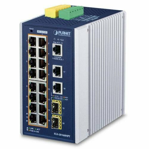 PLANET IGS-20160HPT IP30 Industrial L2+/L4 16-Port 1000T 802.3at PoE