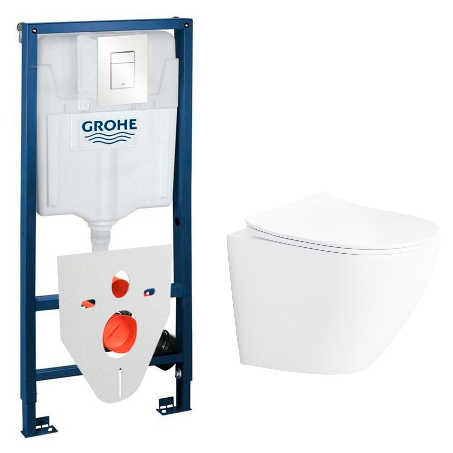 Инсталляция с унитазом комплект: унитаз подвесной Helmken 35490101, безободковый, сиденье с микролифтом из дюропласта, инсталляция Grohe, шумоизоляция, кнопка смыва