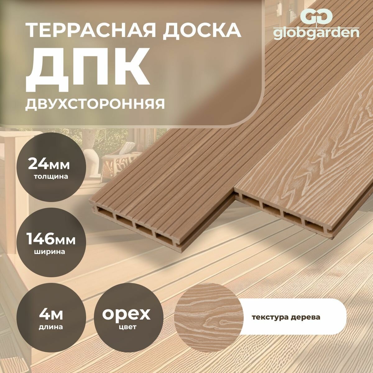 Террасная доска из ДПК 24х146х4000мм, цвет: Орех