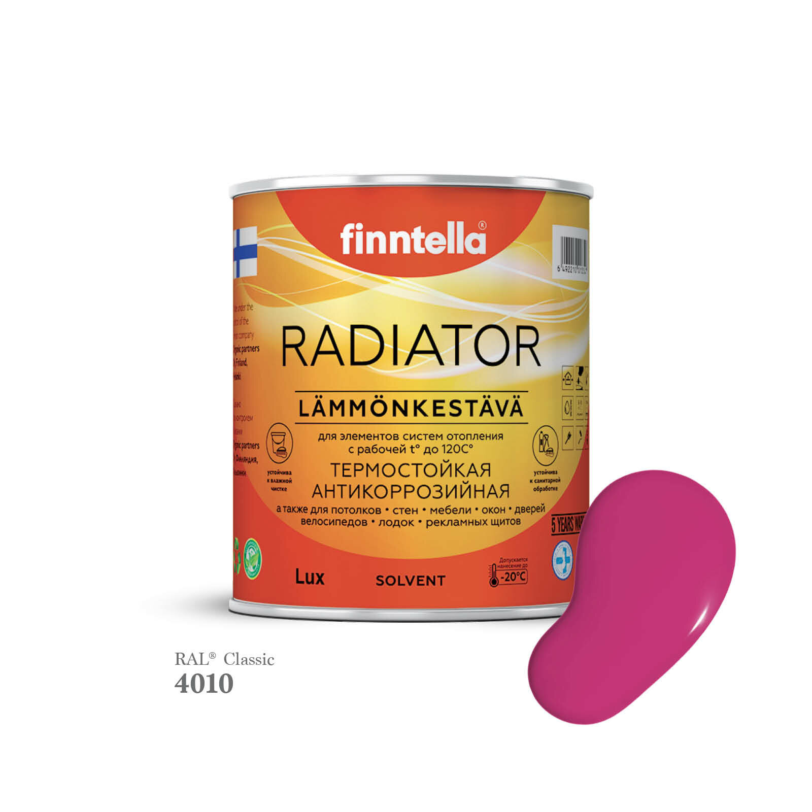 Краска для радиаторов быстросохнущая финская эмаль FINNTELLA RADIATOR, цвет RAL4010 , 0,9л