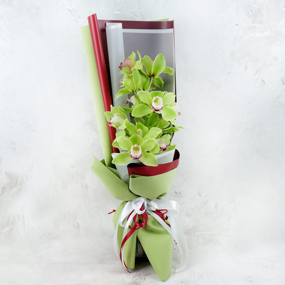 Букет "Орхидеи", на стеблях, оберточная бумага, высота 60 см