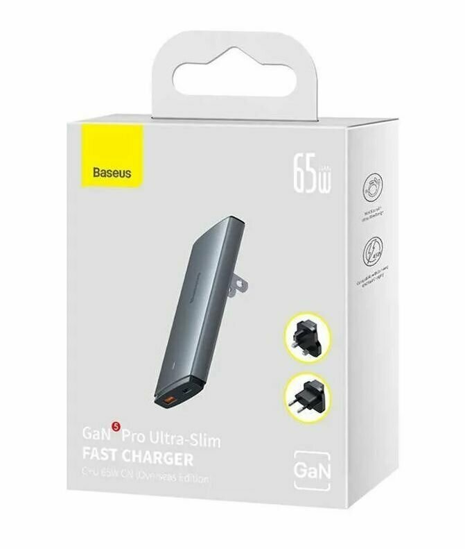 Сетевое зарядное устройство Baseus GaN5 Pro Ultra-Slim Fast Charger C+U 65W (Overseas Edition) с кабелем Type-C to Type-C 100W 20V/5A 1м Серое CCGP150113