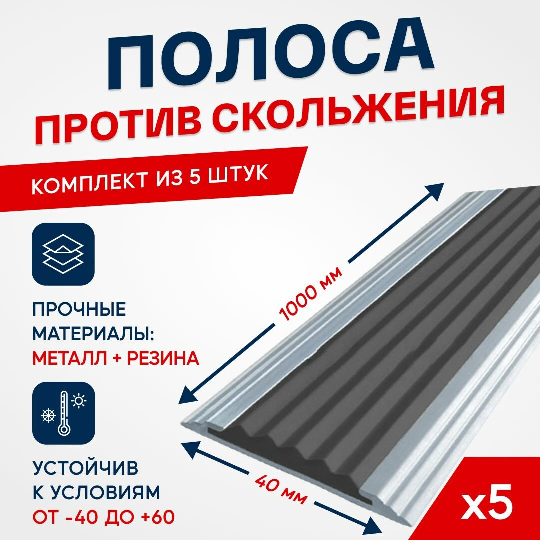 Противоскользящий алюминиевый профиль, полоса Стандарт 40мм, 1м, черный, упаковка 5шт.