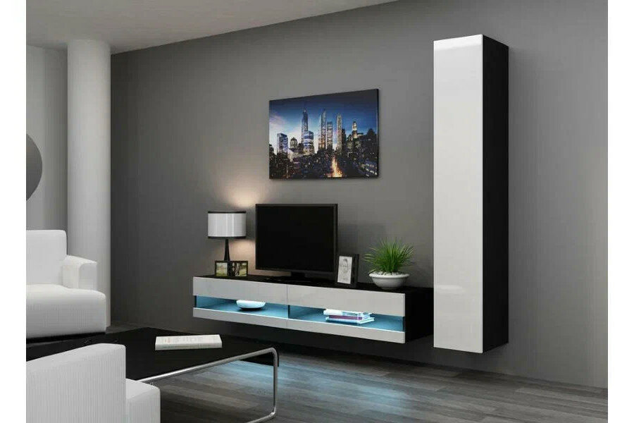 Гостиная Виго нью 9 МДФ Белый DM635-6 / Черный 0190 NEW 220x42x180 см, белый, черный GOODFORM