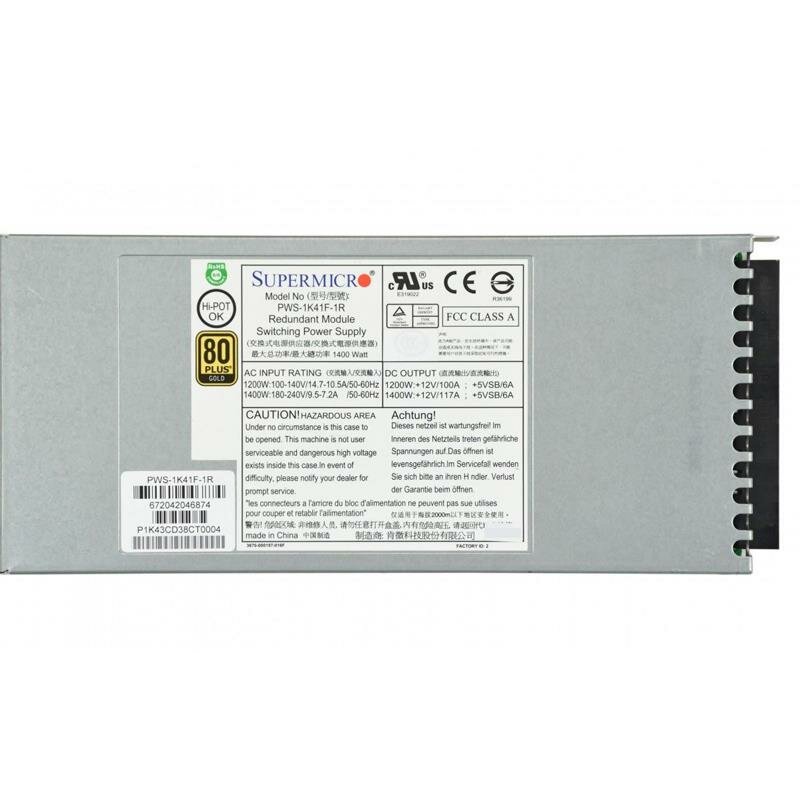 Блок питания Supermicro "PWS-1K41F-1R", 2 вентилятора, 1400Вт, серый