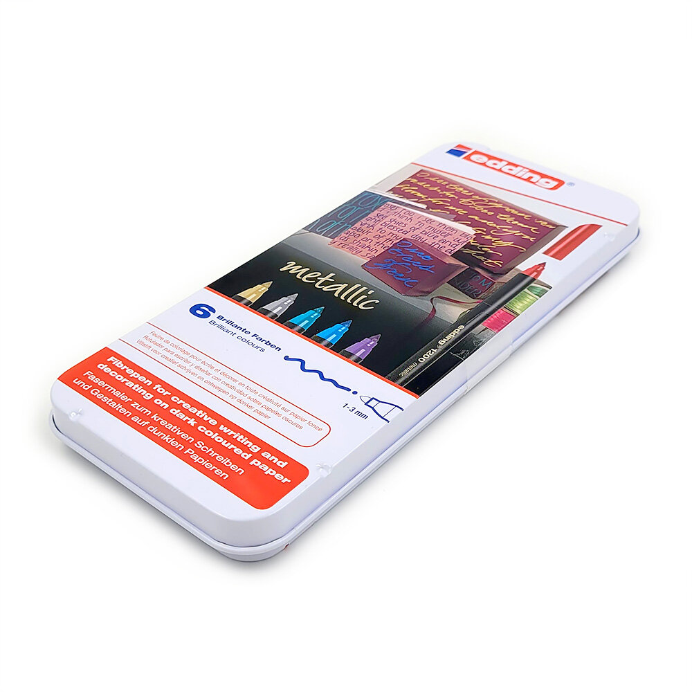 Набор фломастеров цветных edding 1200, круглый наконечник, 1 мм, 6 цветов, металлическая коробка 6 цветов, пр-во Германия