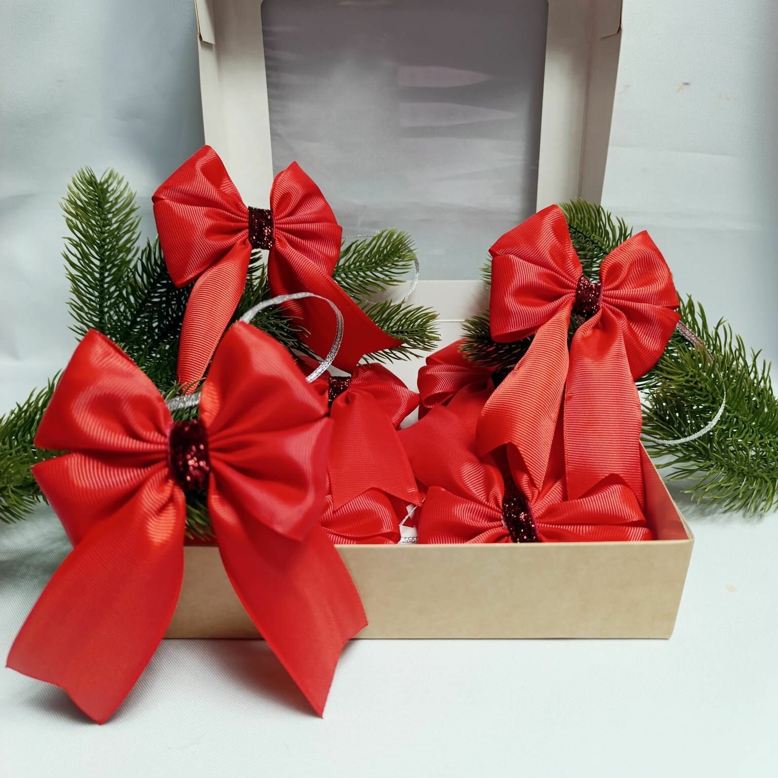 Елочное украшение, набор бантики на елку цвет красный 10 шт из репсовой ленты, бордовый декор
