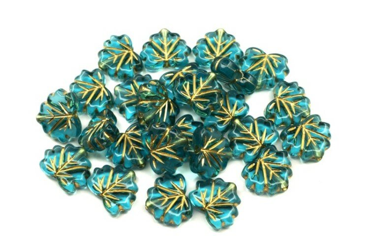 Бусины акриловые Листик 10,5х13х4,5мм, отверстие 1,8мм, бирюзовый/золотой 540-348, 10 грамм(около 25шт)