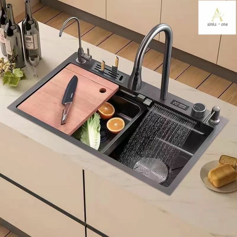 Мойка для кухни Выдвижной смеситель "Водопад" с цифровым дисплеем Сотовое 68*45cm тиснение из нержавеющей стали Многофункциональный комплект Sinks-one