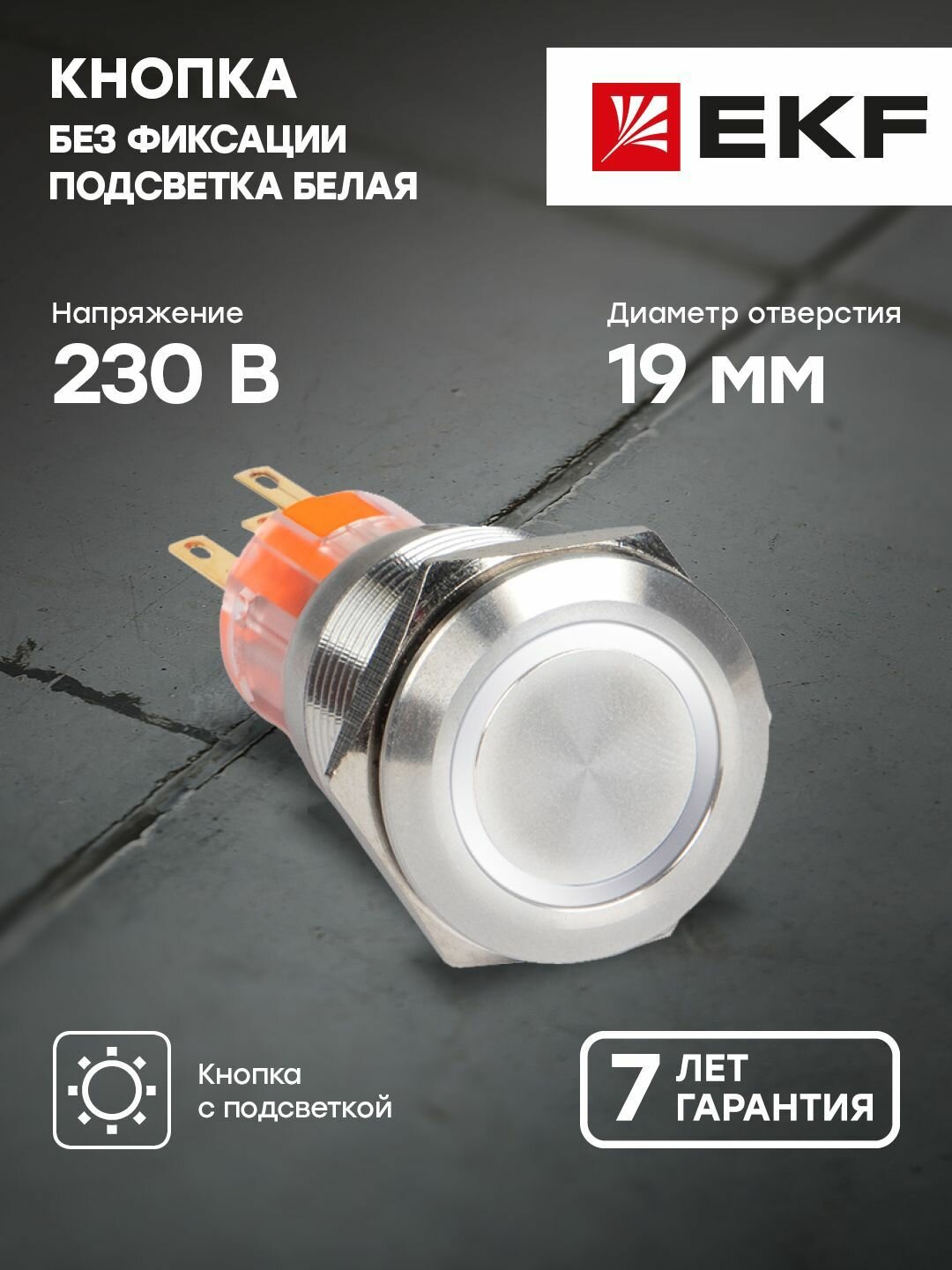 Кнопка S-Pro67 19 мм без фикс. с белой подсв. 230В EKF PROxima - 1 шт