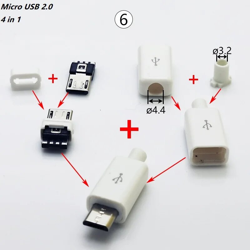 Комплект DIY разъемов USB Type-C 10 шт Micro 2.0 4in1 White