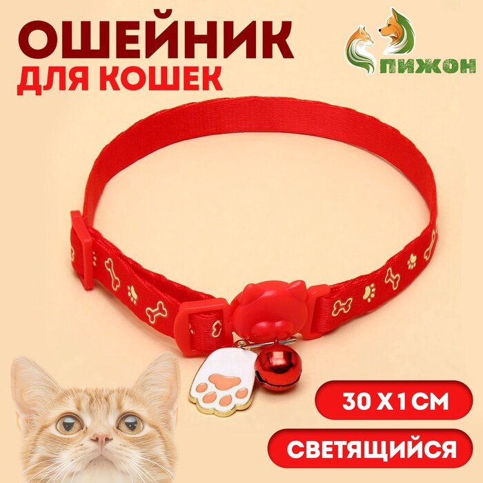 Ошейник кошачий Лапка светящийся, с бубенчиком и подвесом, 30х1 см, полиэстер, красный, 2 шт.