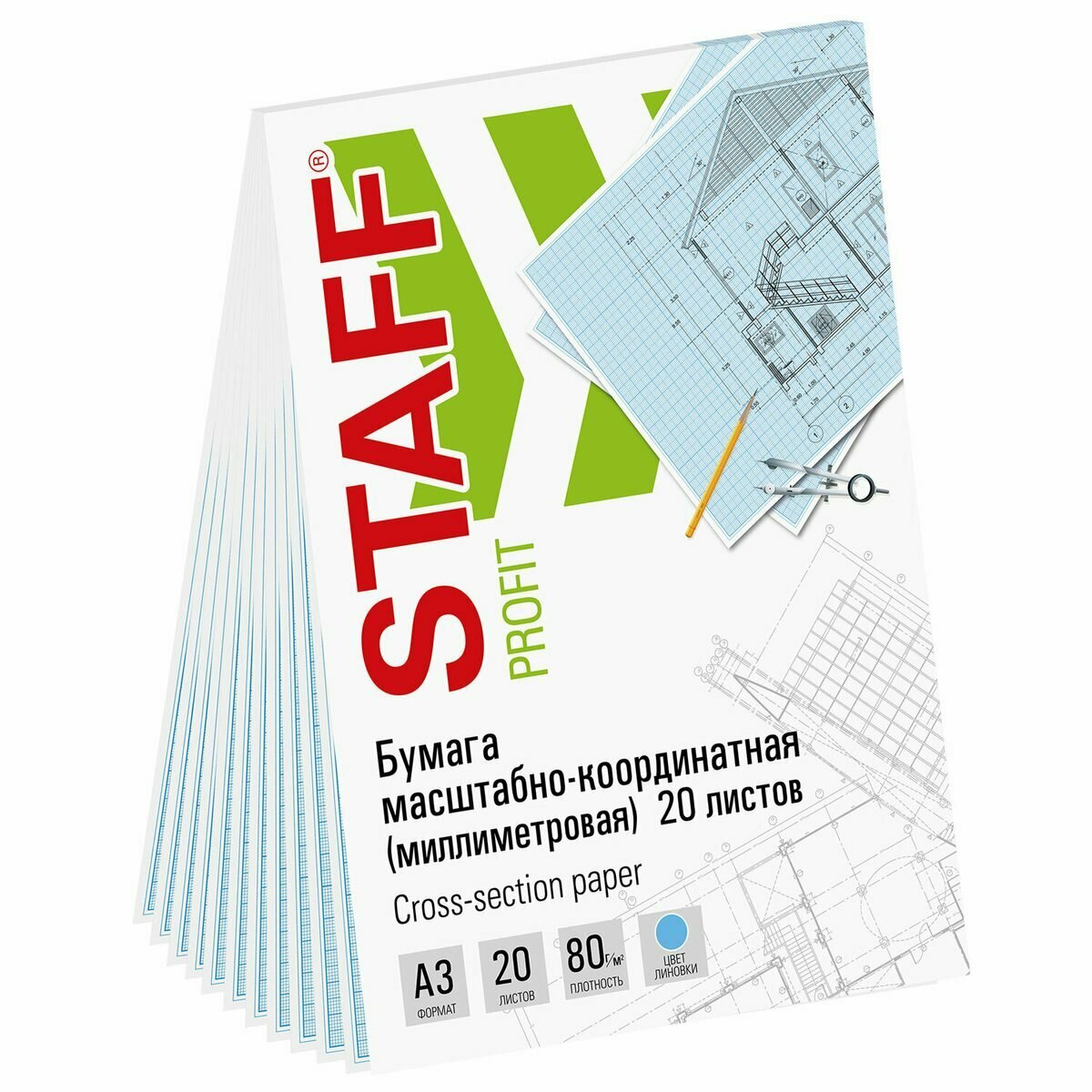 Бумага миллиметровая Staff (А3, 80г) голубая сетка, планшет 20л. (113491), 25 уп.