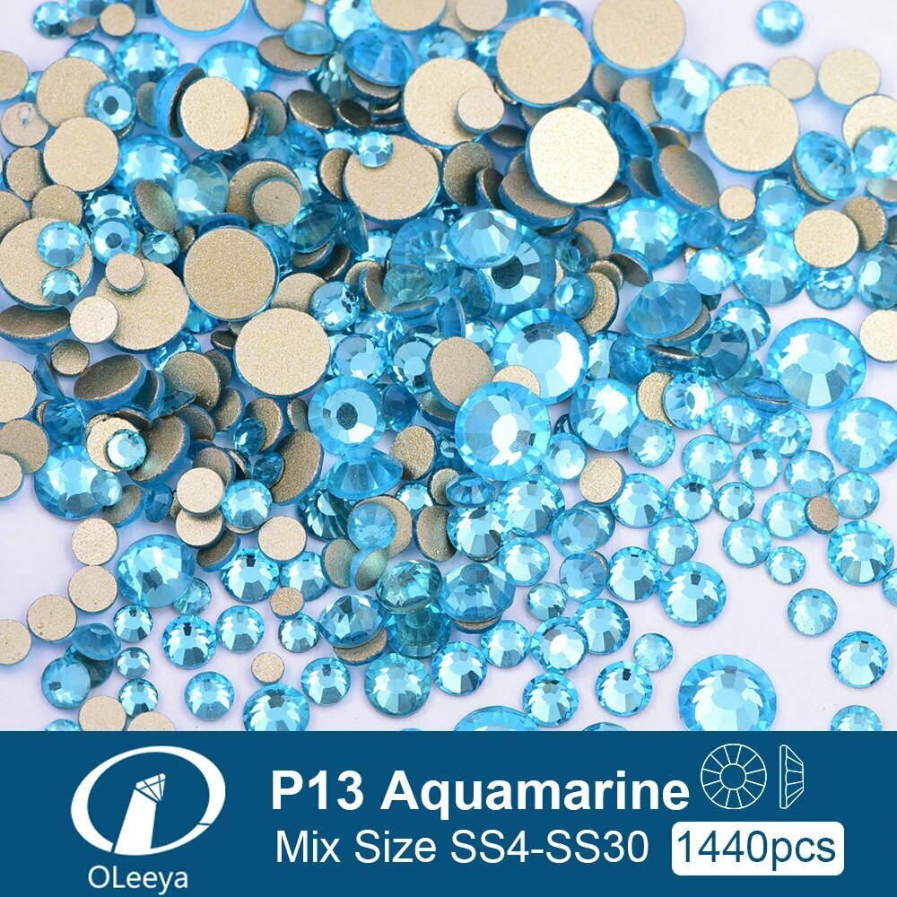 Стразы аквамарин p13, SS4-SS30, 1440 шт
