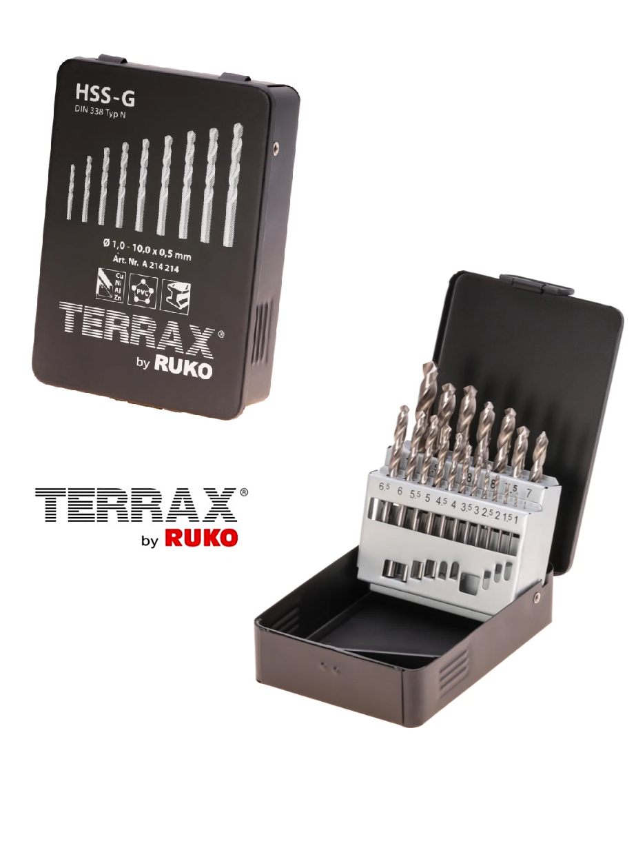 Набор из 19-ти сверл по металлу TERRAX by RUKO HSS-G (1.0-10мм) в кейсе (A214214 )