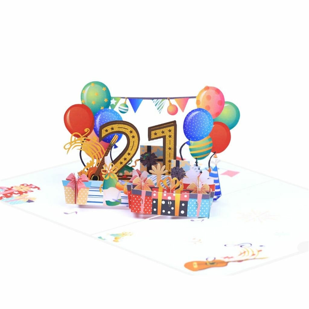 Приглашение, Винтажная поп-ап 3D открытка на день рождения - цифра 21, 1 набор