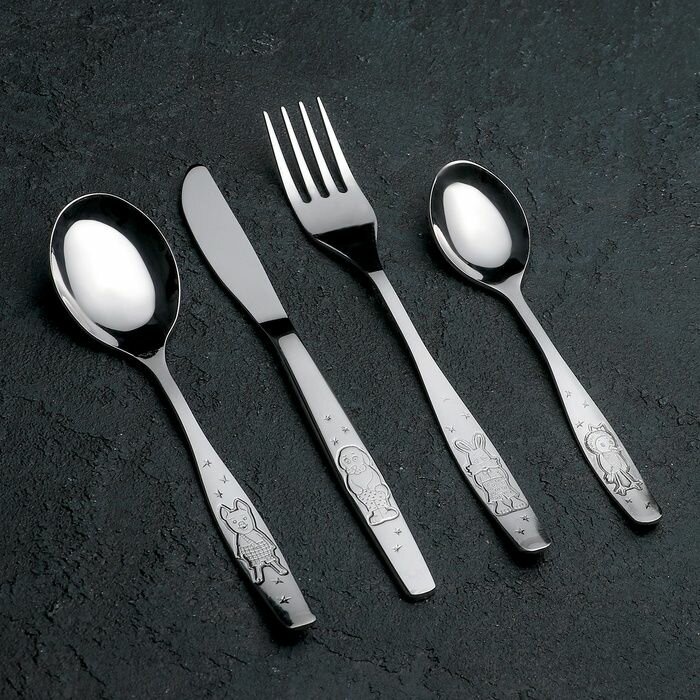 Набор столовых приборов Добросталь детский "Антошка", 4 предмета, в картонной коробке, толщина 2 мм