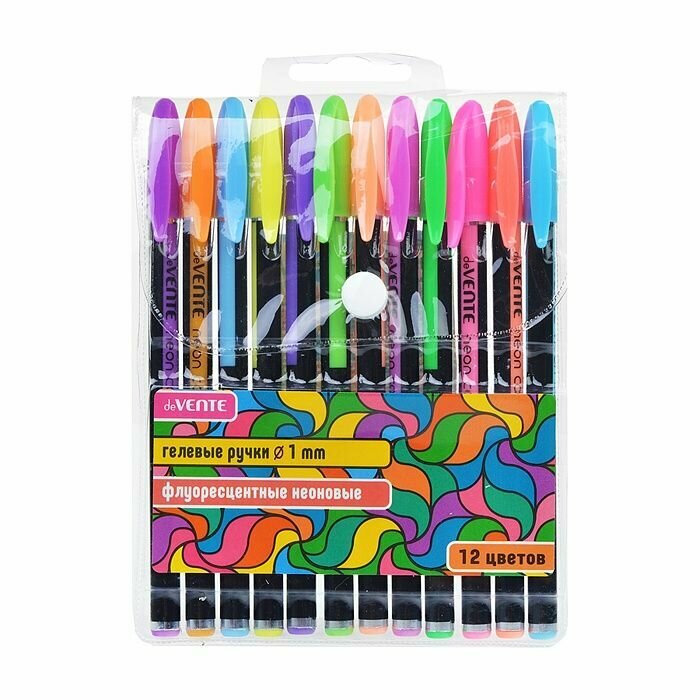 Набор гелевых ручек deVENTE "Neon Black" 12 флуоресцентных неоновых цветов, d 1 мм, черный корпус