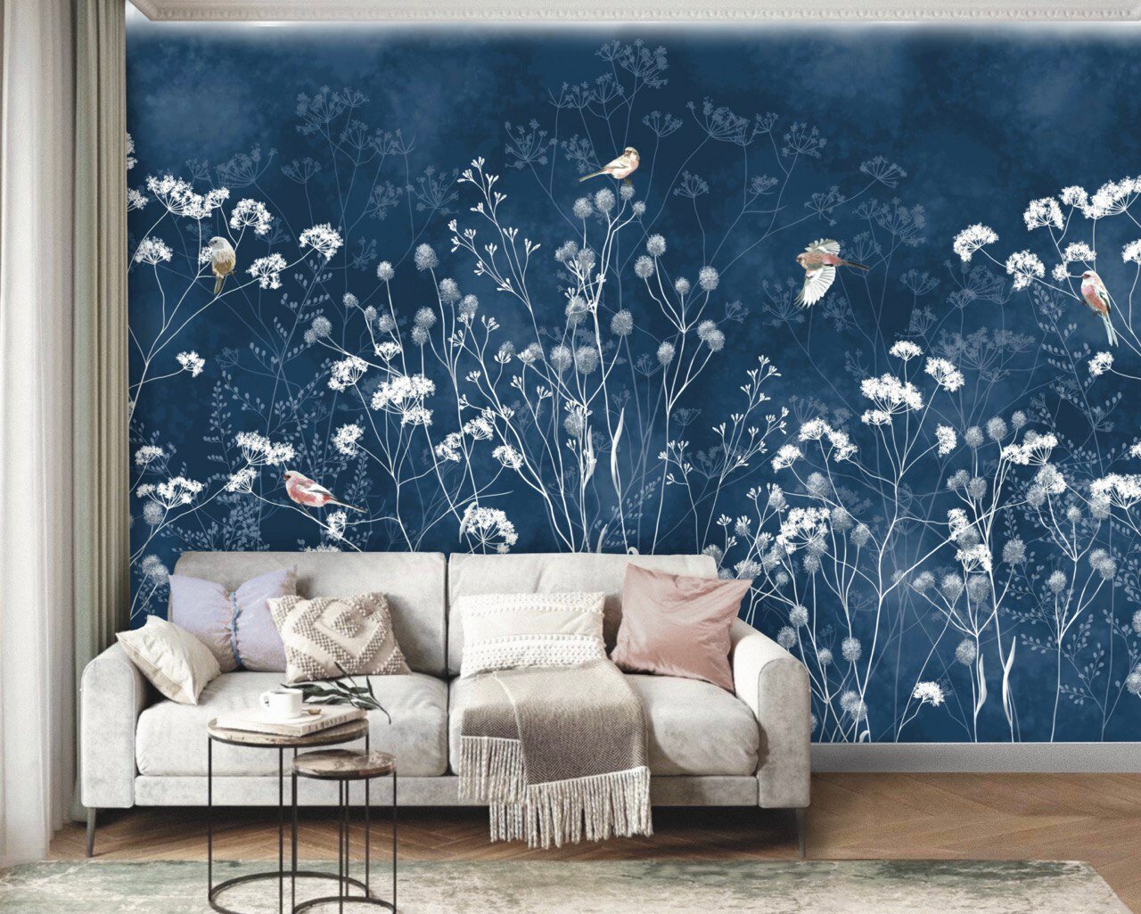 Фреска бесшовная "Птички Урагусы" синий (ширина 2750мм х длина 5000мм)