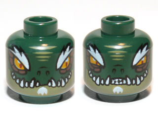 Minifigure, Head Dual Sided Alien Chima Crocodile with Bright Light Orange Eyes, Olive Green Lower Jaw, White Bushy Eyebrows, Soul Patch, and Sharp Teeth, Wide / Narrow Eyes Pattern, 3626pb0887 Dark Green U