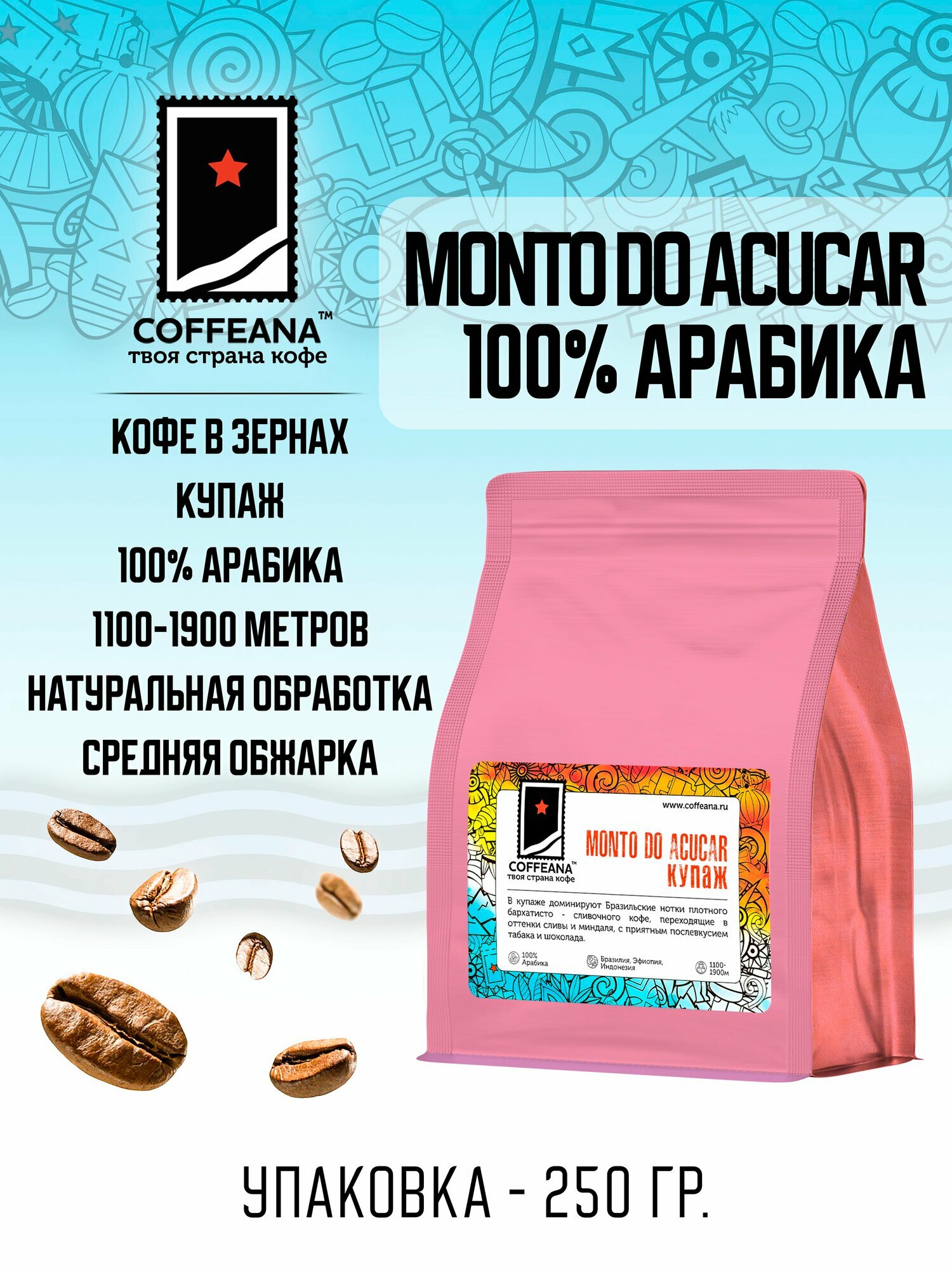 Свежеобжаренный кофе COFFEANA Монто До Акукар Monto Do Acucar (авторский купаж) в зернах 250 г