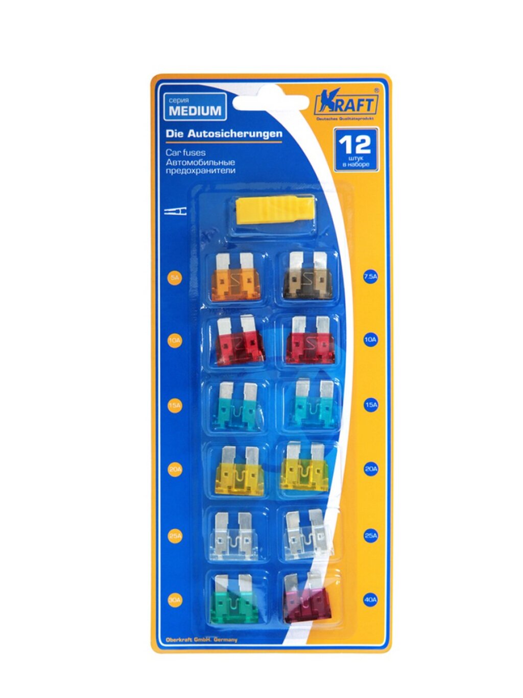 Предохранители флажковые Medium для а/м ВАЗ 2110 н/о KRAFT 12 шт, 5A,7,5А,10А,15А,20А,25А,30А,40А с